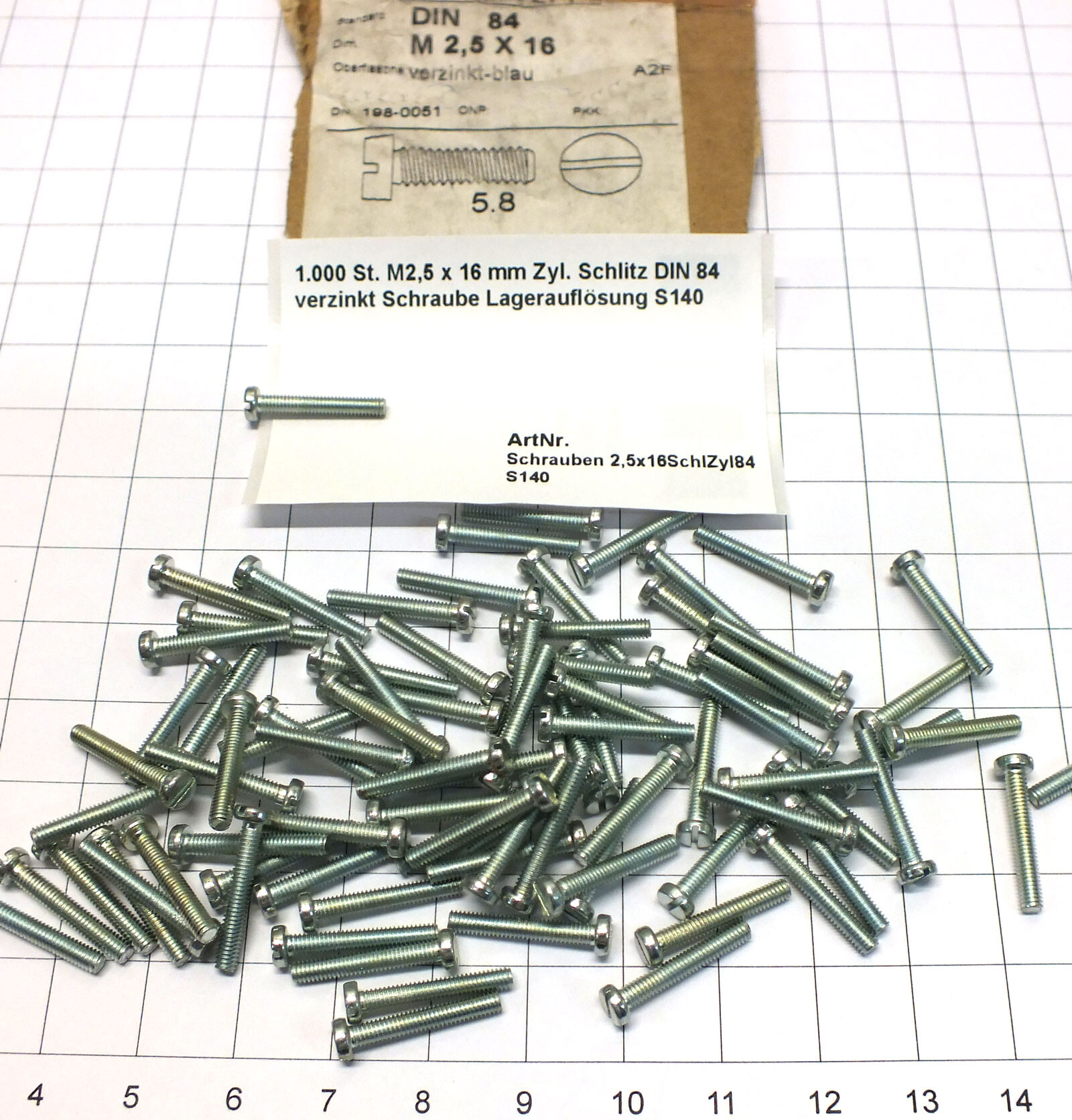 1.000 St. M2,5 x 16 mm Zyl. Schlitz DIN 84 verzinkt Schraube Lagerauf, 12,96
