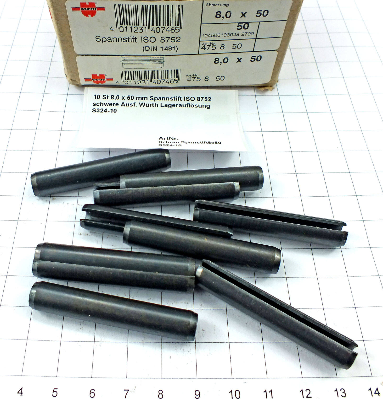 10 St 8,0 x 50 mm Spannstift ISO 8752 schwere Ausf. Würth Lagerauflös ...